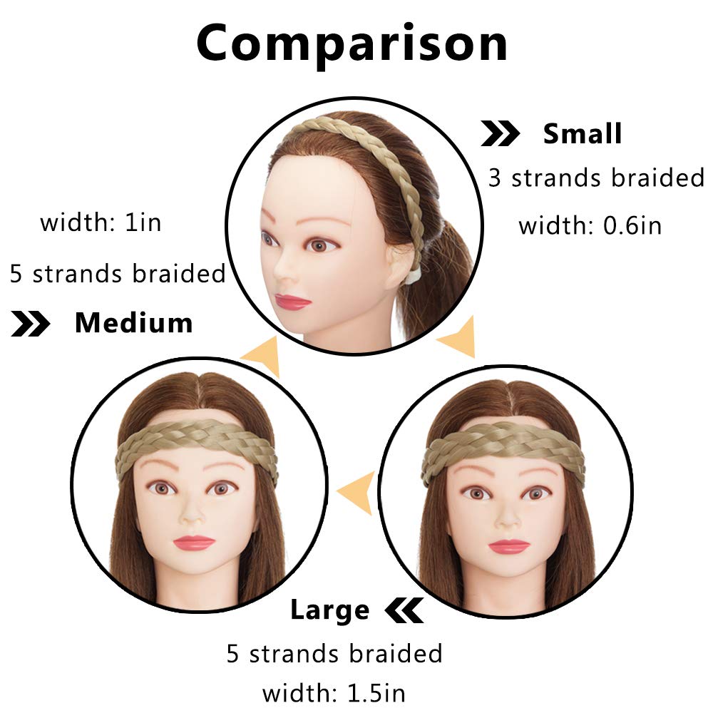 Braided Headband Hairband Chunky Elastic Stretch Hair Band with Synthetic Plaits for Girls and Women (Small-three strands, dark brown)