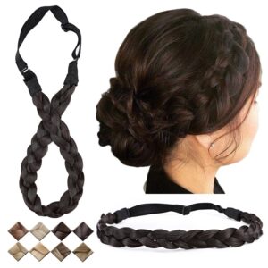 braided headband hairband chunky elastic stretch hair band with synthetic plaits for girls and women (small-three strands, dark brown)