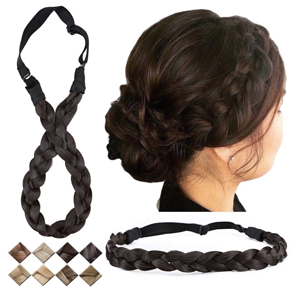 Braided Headband Hairband Chunky Elastic Stretch Hair Band with Synthetic Plaits for Girls and Women (Small-three strands, dark brown)