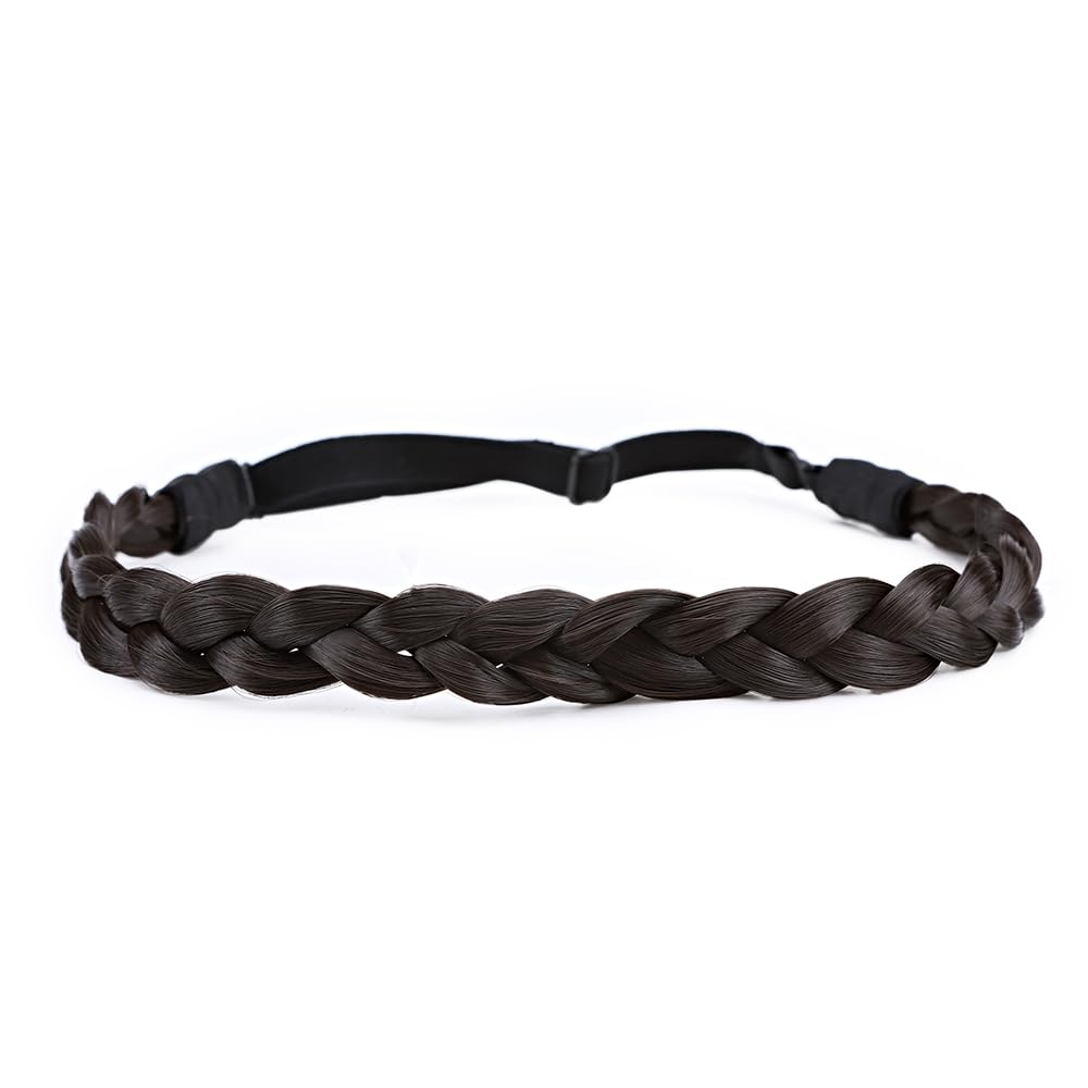 Braided Headband Hairband Chunky Elastic Stretch Hair Band with Synthetic Plaits for Girls and Women (Small-three strands, dark brown)