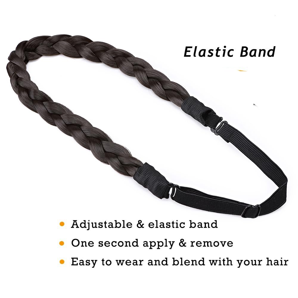 Braided Headband Hairband Chunky Elastic Stretch Hair Band with Synthetic Plaits for Girls and Women (Small-three strands, dark brown)