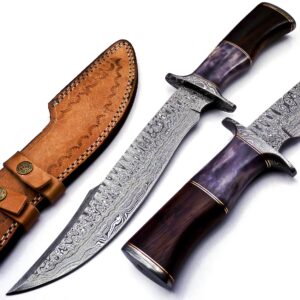 nooraki bk-42 handmade damascus steel fixed blade bowie knife with leather sheath, full tang multipurpose knife with solid marindi wood and bull horn bone handle for outdoor use, 15", b/white