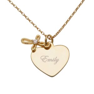 personalized 14k gold-plated heart with cross charm necklace with engraving, first communion gift for girls, custom engraved confirmation gift for teens, women (16-18 inch-adjustable)