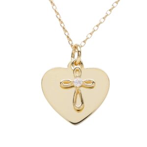 Personalized 14K Gold-Plated Heart with Cross Charm Necklace with Engraving, First Communion Gift for Girls, Custom Engraved Confirmation Gift for Teens, Women (16-18 inch-adjustable)