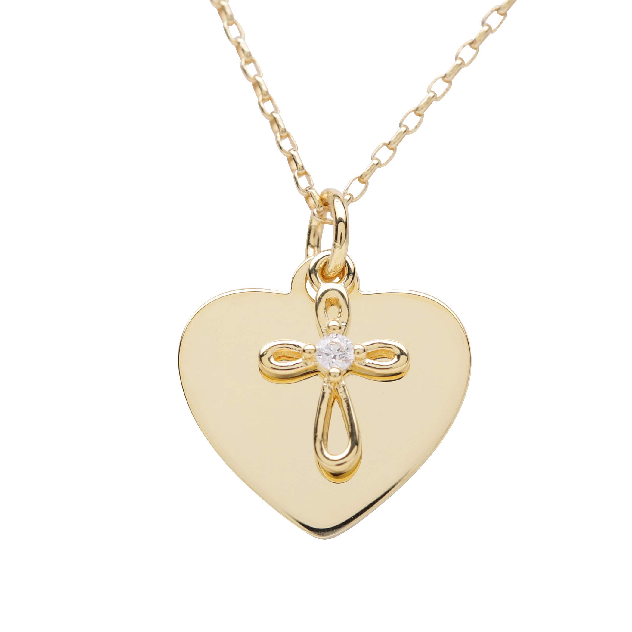 Personalized 14K Gold-Plated Heart with Cross Charm Necklace with Engraving, First Communion Gift for Girls, Custom Engraved Confirmation Gift for Teens, Women (16-18 inch-adjustable)