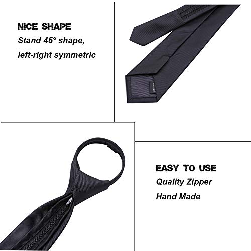 AUSKY Pre-tied Adjustable Zipper Skinny necktie,2.35'' Clip on Slim Solid Black Ties for men or boys (6CM)