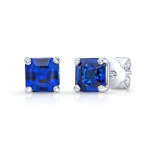 asscher cut created blue sapphire 14k white gold plated 925 sterling sliver fashion square shaped basket setting studs earring great gift for any occasion for womens girls (4mm to 9mm)