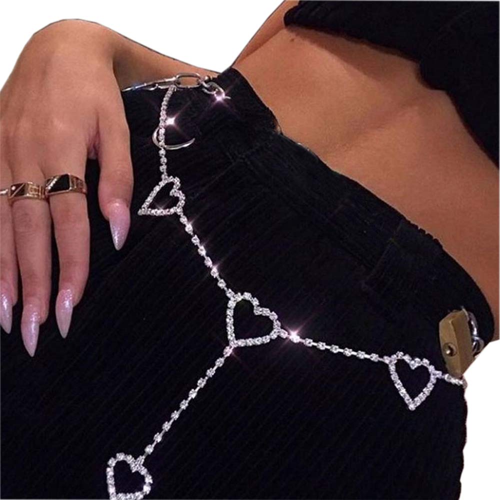 Rhinestone Body Chains Belt Crystal Waist Chains Heart Pendant Summer Beach Body Jewelry Festival Belt Belly Jewelry for Women