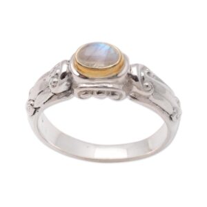 novica artisan handmade gold accent rainbow moonstone solitaire ring silver sterling clear single indonesia [crownbezel 0.3 in h x 0.3 in w x 0.2 in d] ' swirls and twirls'