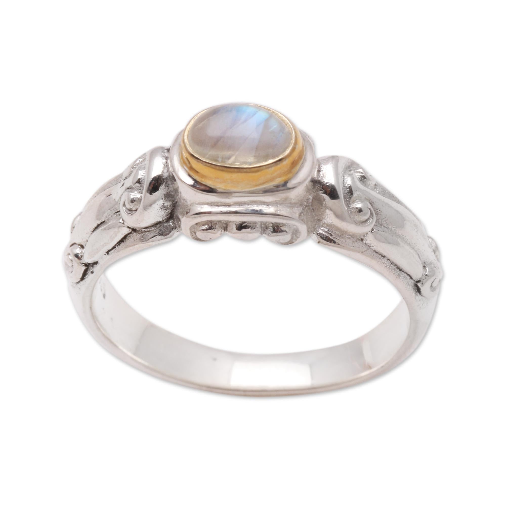 NOVICA Artisan Handmade Gold Accent Rainbow Moonstone Solitaire Ring Silver Sterling Clear Single Indonesia [crownbezel 0.3 in H x 0.3 in W x 0.2 in D] ' Swirls and Twirls'