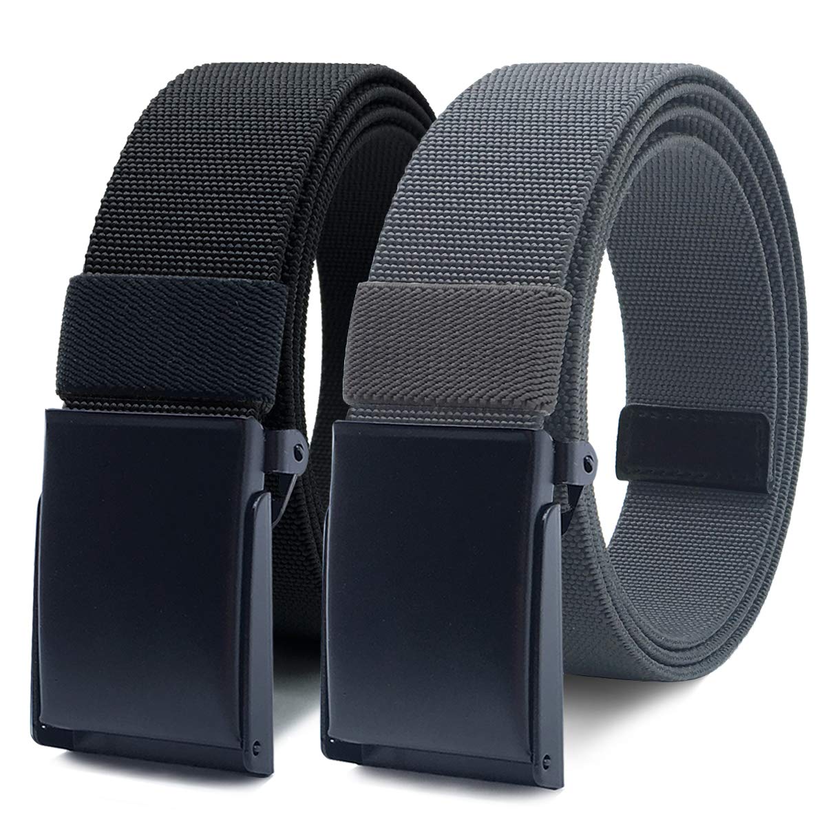 WYuZe Nylon Elastic Stretch Belt-2 Pack Men Casual Golf Belt Military Metal Buckle (Black+Dark Gray, Fits pant up to 42")