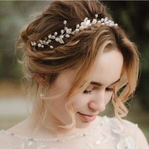 catery leaf bride wedding headband silver crystal pearl hair vine braid headpiece bridal hair accessories for women and girls