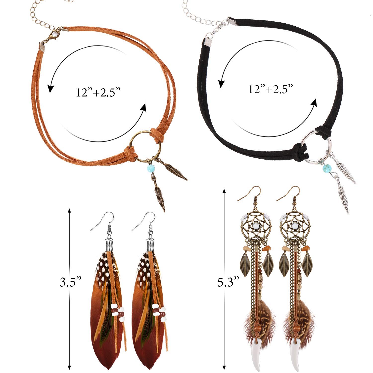 Hicarer 2 Sets Native American Jewelry Set for Women 2 Pieces Faux Suede Choker Necklace Faux Leather Choker and 2 Pairs Bohemian Artificial Feather Earrings Boho Dream Catcher Earring Western Jewelry