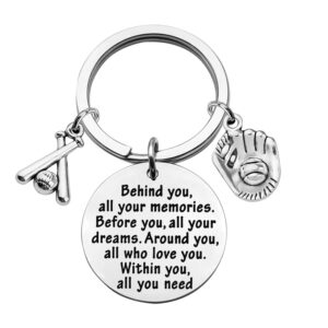 feelmem baseball keychain baseball player gift behind you all memories before you all your dream keychain softball baseball jewelry baseball mom gift (baseball keychain)