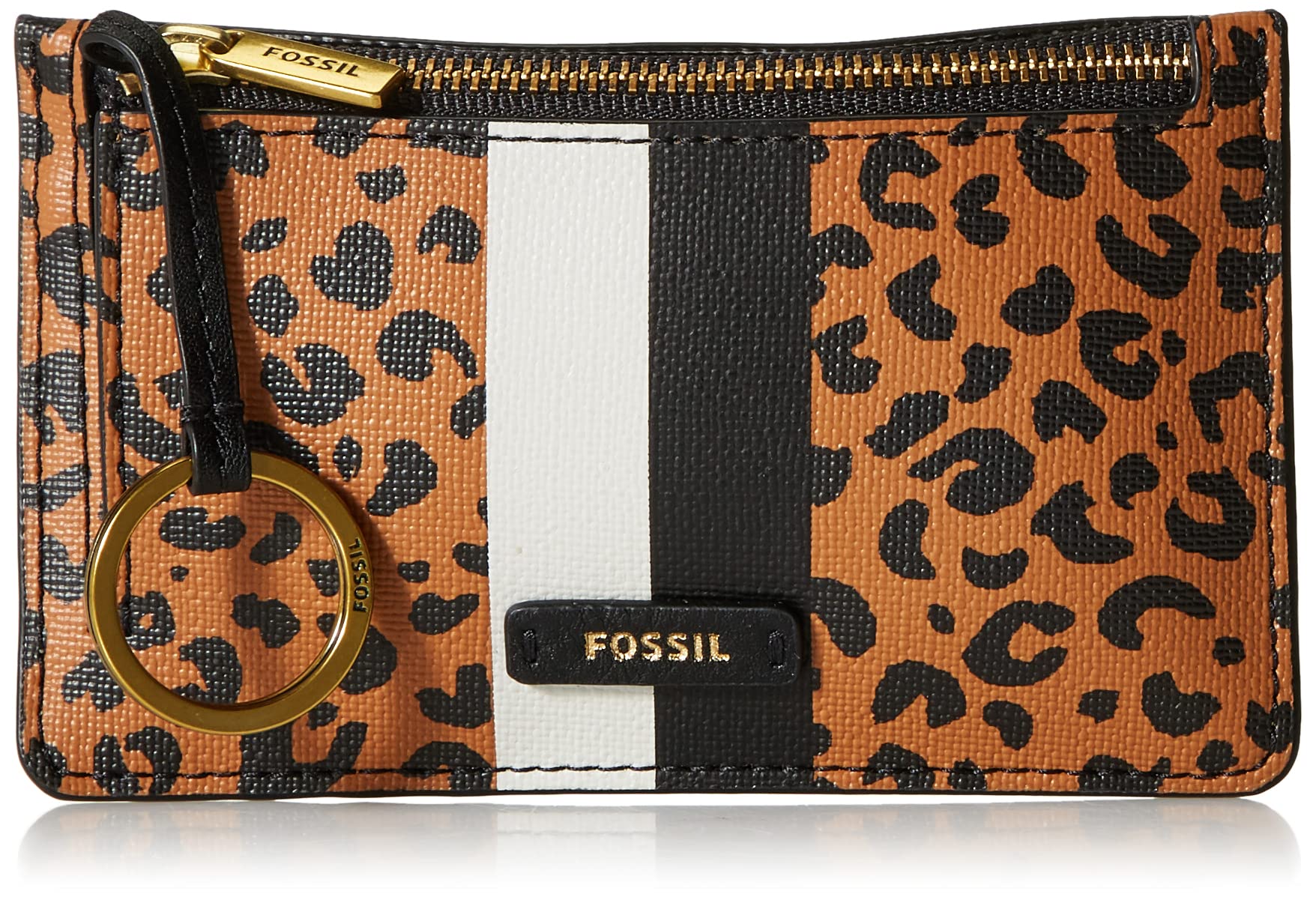 Fossil Women's Logan Faux Leather Wallet Slim Minimalist Zip Card Case with Keychain, Cheetah (Model: SL6356989)