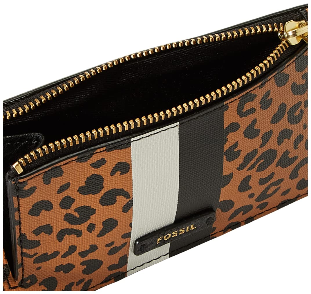 Fossil Women's Logan Faux Leather Wallet Slim Minimalist Zip Card Case with Keychain, Cheetah (Model: SL6356989)