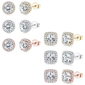 Udalyn 6 Pairs Halo Stud Earrings For Women 18K White Gold/Rose Gold Plated Round Square Cubic Zirconia Brillant Cut Earrings