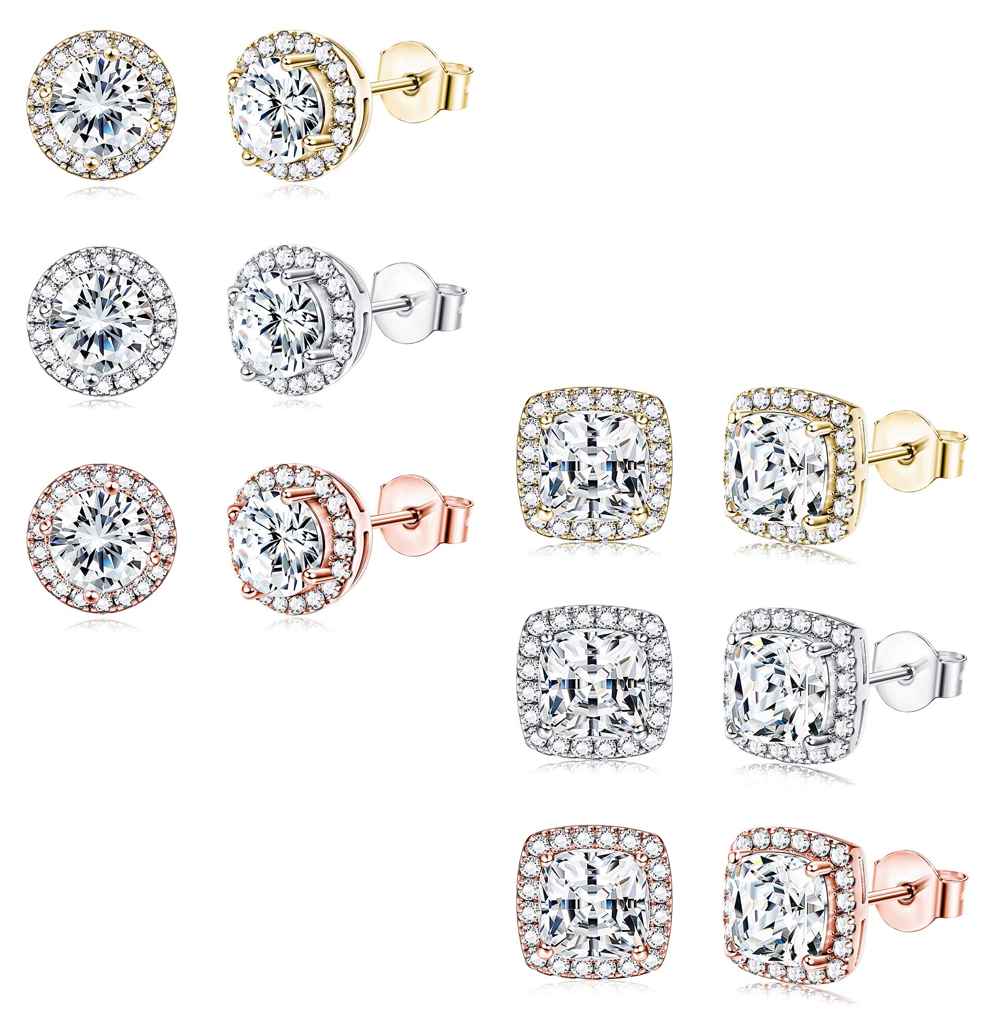 Udalyn 6 Pairs Halo Stud Earrings For Women 18K White Gold/Rose Gold Plated Round Square Cubic Zirconia Brillant Cut Earrings