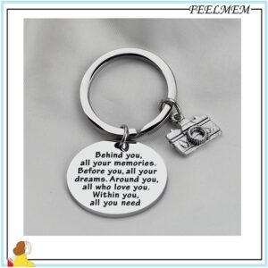 FEELMEM Camera Keychain Photographer Gift Behind You All Memories Before You All Your Dream Keychain Photography Jewelry Photo Club Gift Photography Friend Encouragement Gift (Camera Keychain)