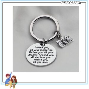 FEELMEM Camera Keychain Photographer Gift Behind You All Memories Before You All Your Dream Keychain Photography Jewelry Photo Club Gift Photography Friend Encouragement Gift (Camera Keychain)