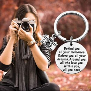 FEELMEM Camera Keychain Photographer Gift Behind You All Memories Before You All Your Dream Keychain Photography Jewelry Photo Club Gift Photography Friend Encouragement Gift (Camera Keychain)