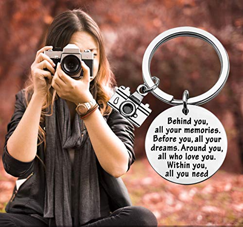 FEELMEM Camera Keychain Photographer Gift Behind You All Memories Before You All Your Dream Keychain Photography Jewelry Photo Club Gift Photography Friend Encouragement Gift (Camera Keychain)