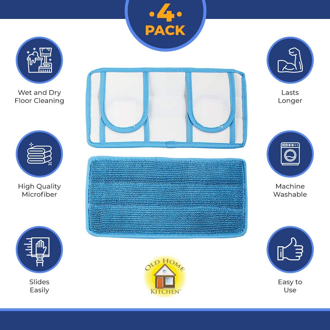 Microfiber Reusable Mop Pad | Durable Machine Washable Mop Pads | Reusable Floor Mop Pad | Swiffer Compatible Dry Mop Pads (4 Pack)