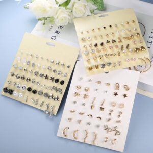 Thunaraz 81Pairs Small Stud Earrings Set for Women Men Triangle Circle Bar Star Moon Geometric Leaf Arrow Flower Bow CZ Ball Faux Pearl Hoop Dangle Earrings Set