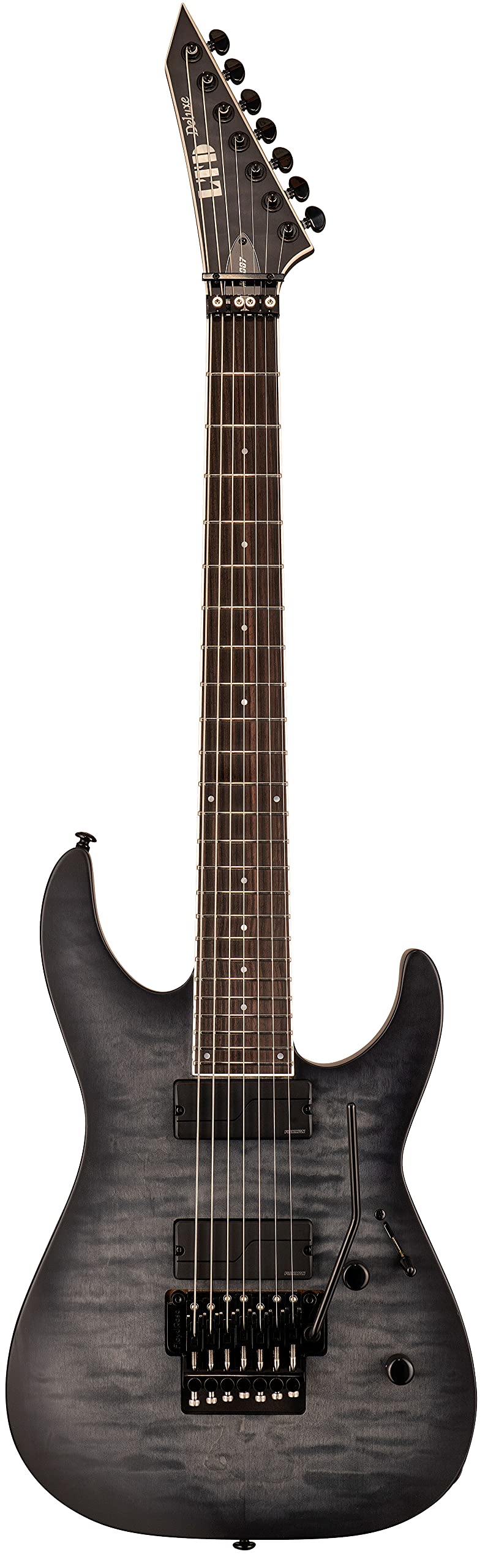 ESP 7 String LTD Deluxe M-1007 Electric Guitar, See Thru Black Sunburst Satin, Right, (LM1007QMSTBLKSBS)