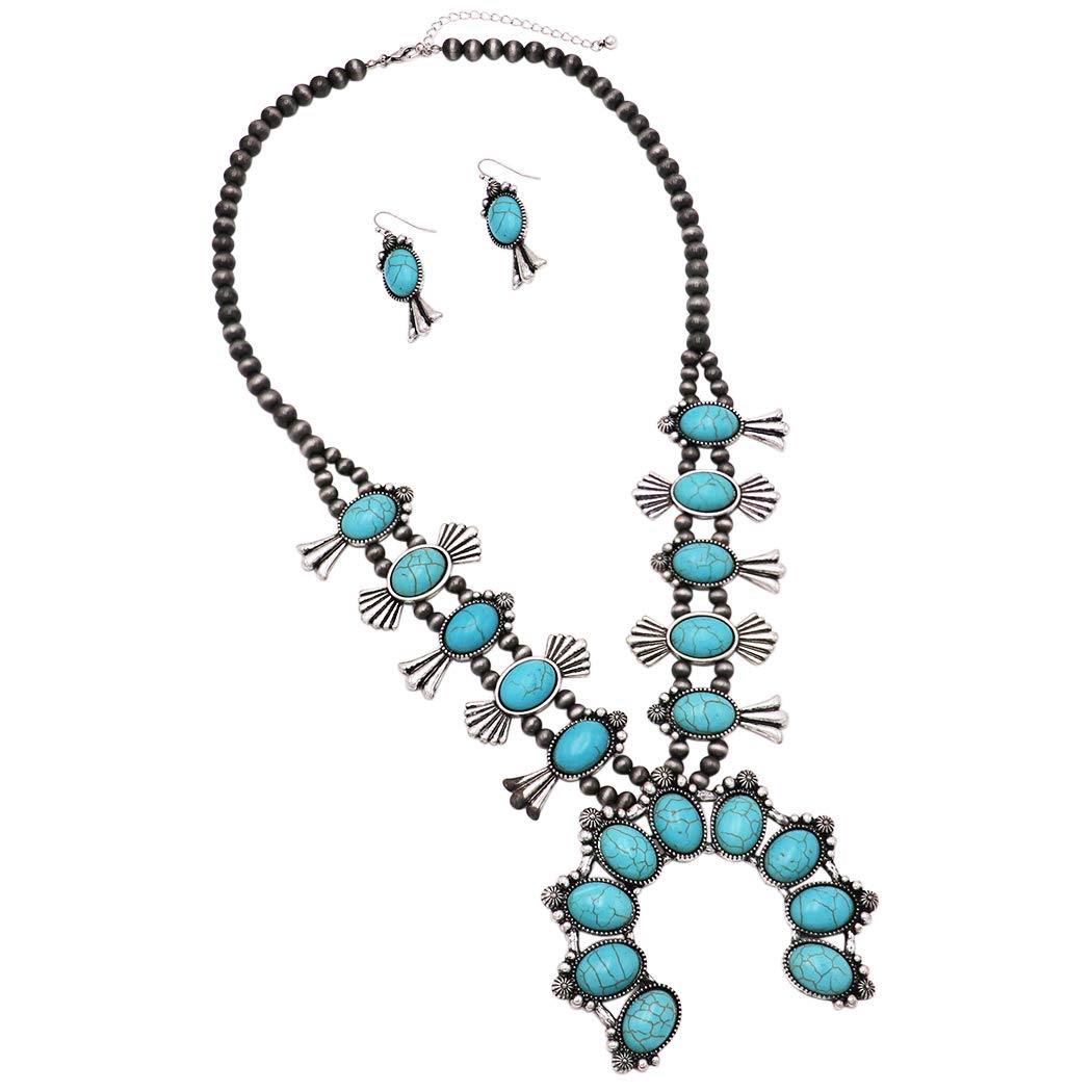 Rosemarie & Jubalee Women's Statement Western Howlite Squash Blossom Necklace Earrings Jewelry Set, 27"+3" Extension (Turquoise Blue)