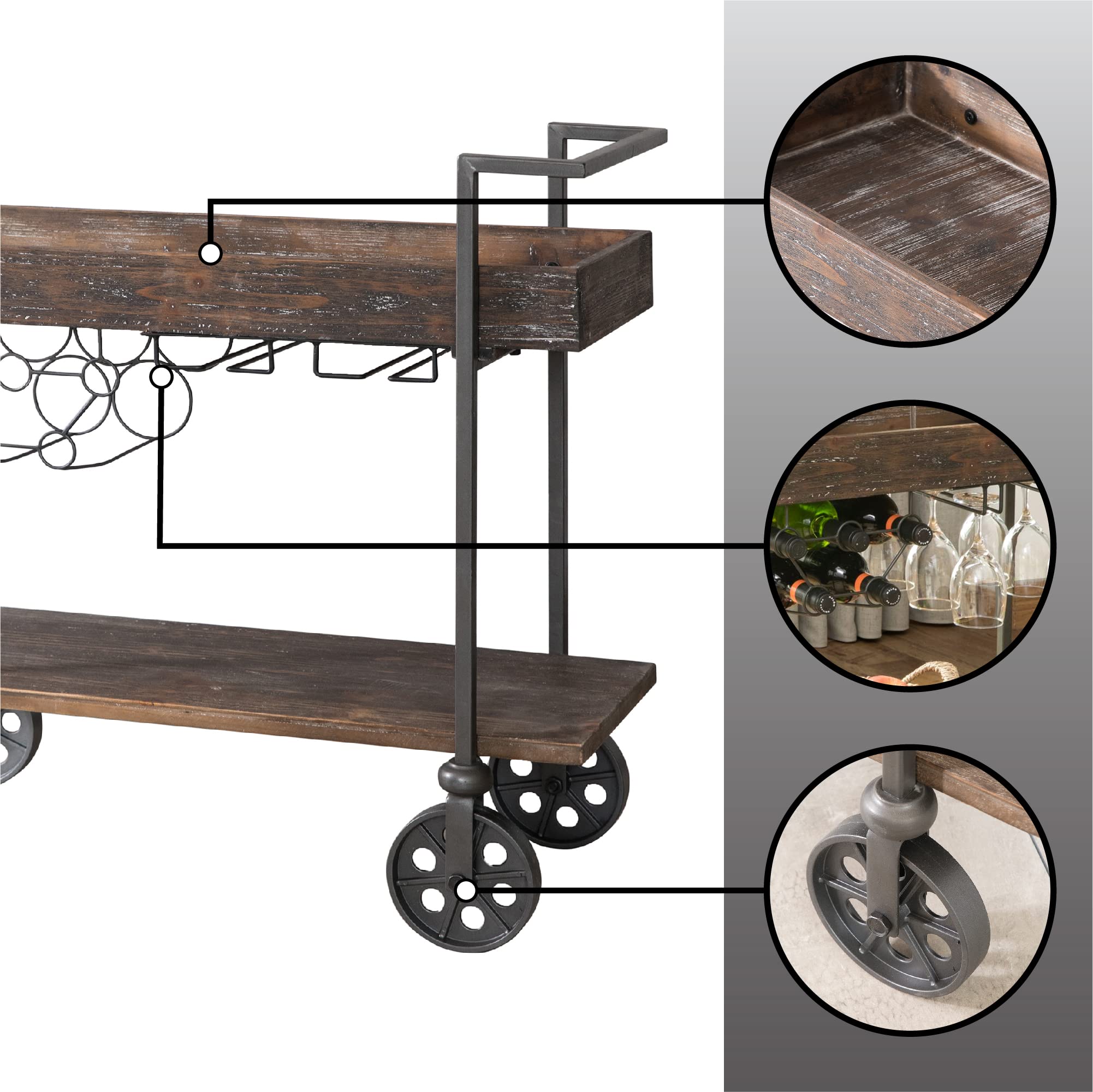 FirsTime & Co. Factory Row Industrial Farmhouse Bar Kitchen and Coffee Serving Cart with Wine Rack, Wheels and Handles, Aged Black, 32.75 L x 14.25 W x 29.75 H inches, Rustic Brown