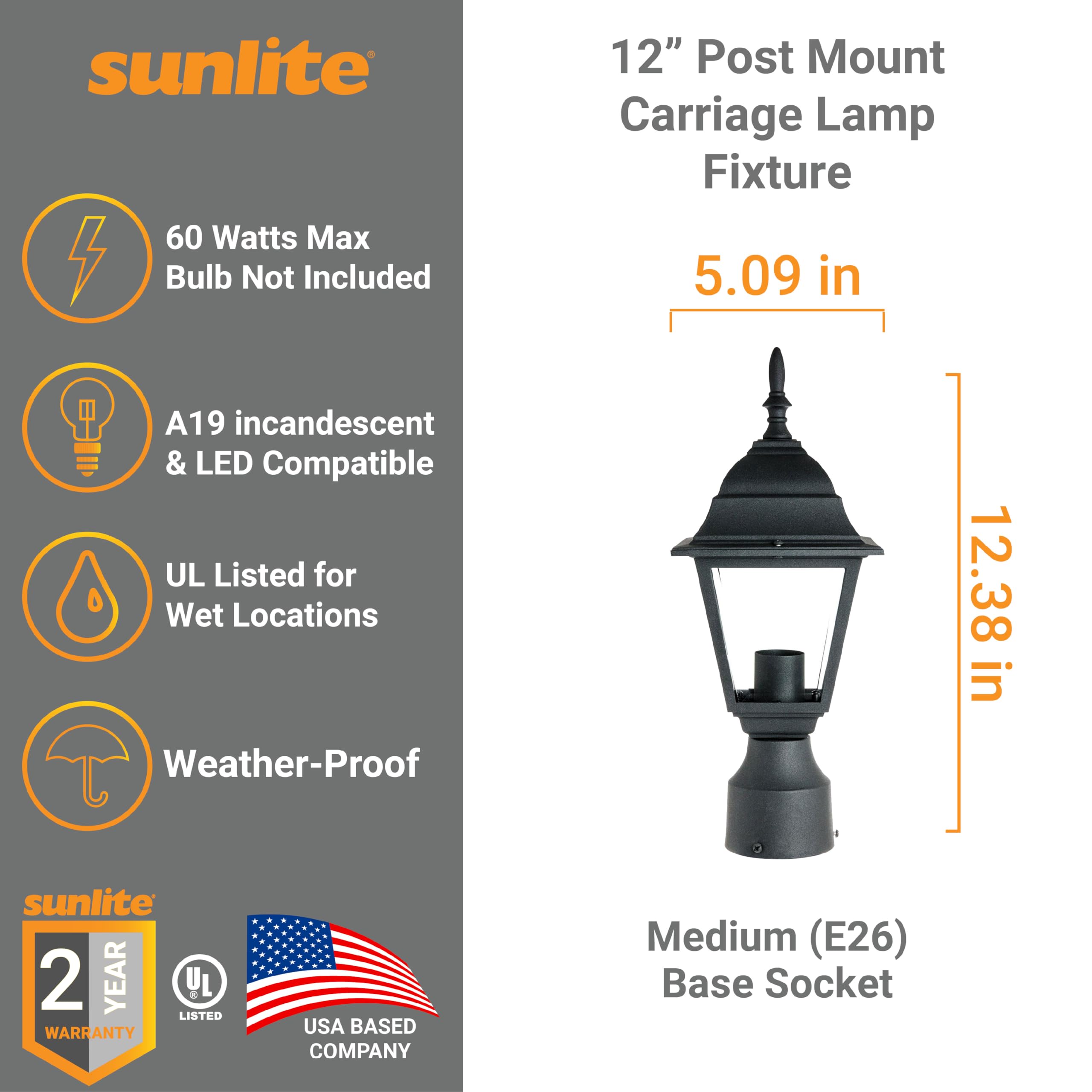 Sunlite 41322 Post Mount Carriage Lamp Fixture, 60 Watts Max, Single Medium Base Socket (E26), 120 Volts, Outdoor, UL Listed, for Residential & Commercial Use