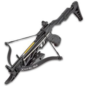 m48 hell hawk self-cocking assault crossbow pistol - lightweight fiberglass limbs, tpr grip, 80-lbs draw weight, picatinny rail, includes bolts - perfect for hunters - crossbow pistol length 24"