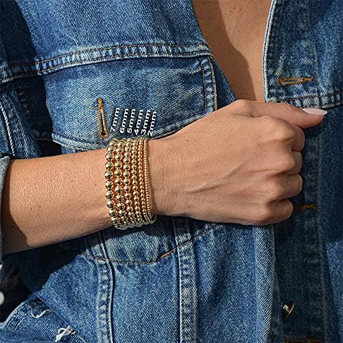 Anela 14kt Gold Filled Bracelet, 4mm Gold Filled Beads, Size 6.5" Stretch and Stackable, Waterproof to Swim or Shower, Dainty Woman Bracelet for Everyday Use, Hand Made in USA