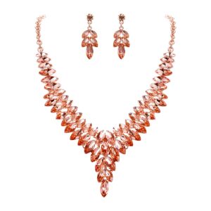 brilove wedding jewelry sets for brides marquise crystal y-shaped neckalce dangle earrings peach morganite color rose-gold-toned