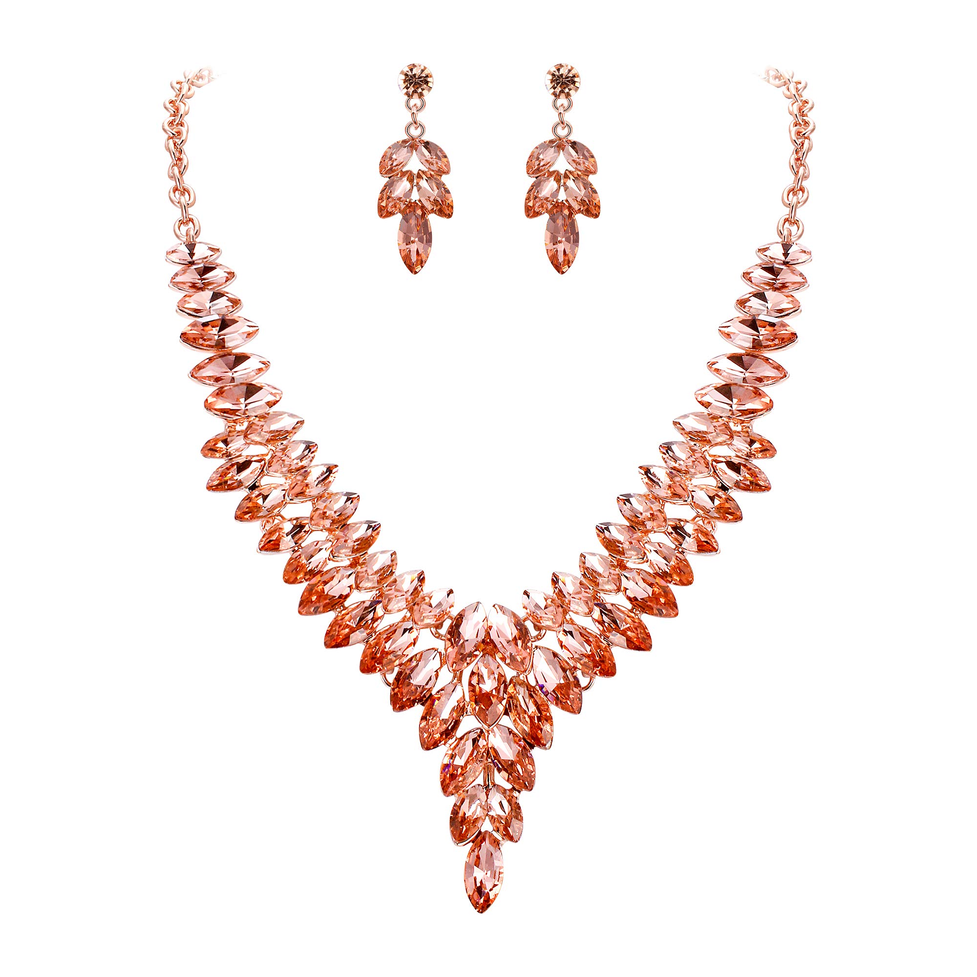 BriLove Wedding Jewelry Sets for Brides Marquise Crystal Y-Shaped Neckalce Dangle Earrings Peach Morganite Color Rose-Gold-Toned