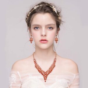 BriLove Wedding Jewelry Sets for Brides Marquise Crystal Y-Shaped Neckalce Dangle Earrings Peach Morganite Color Rose-Gold-Toned