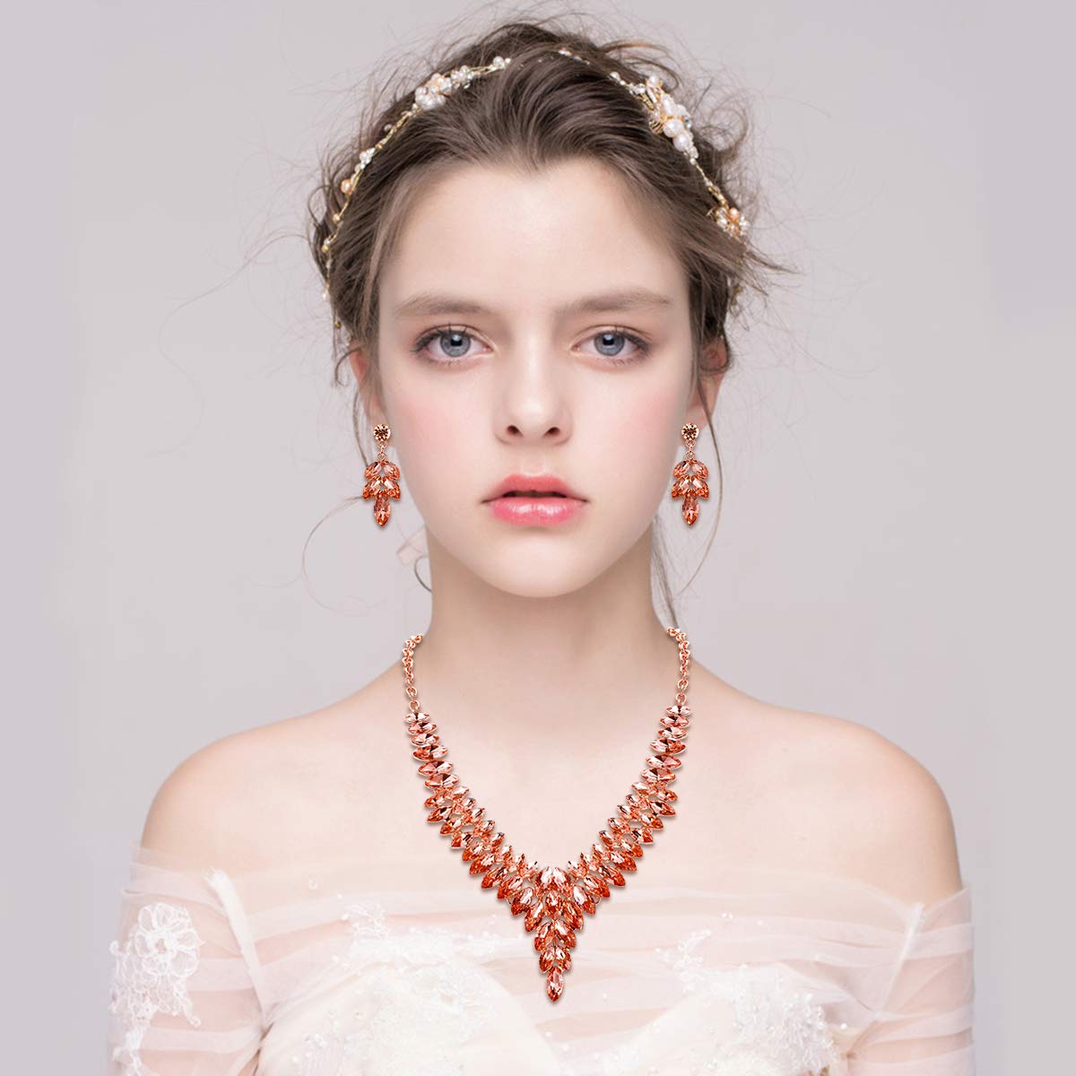 BriLove Wedding Jewelry Sets for Brides Marquise Crystal Y-Shaped Neckalce Dangle Earrings Peach Morganite Color Rose-Gold-Toned