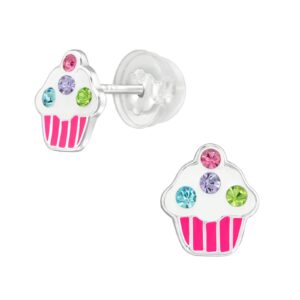 aube jewelry hypoallergenic 925 sterling silver cupcake stud earrings adorned with crystal with silicone coated push backs for girls and women