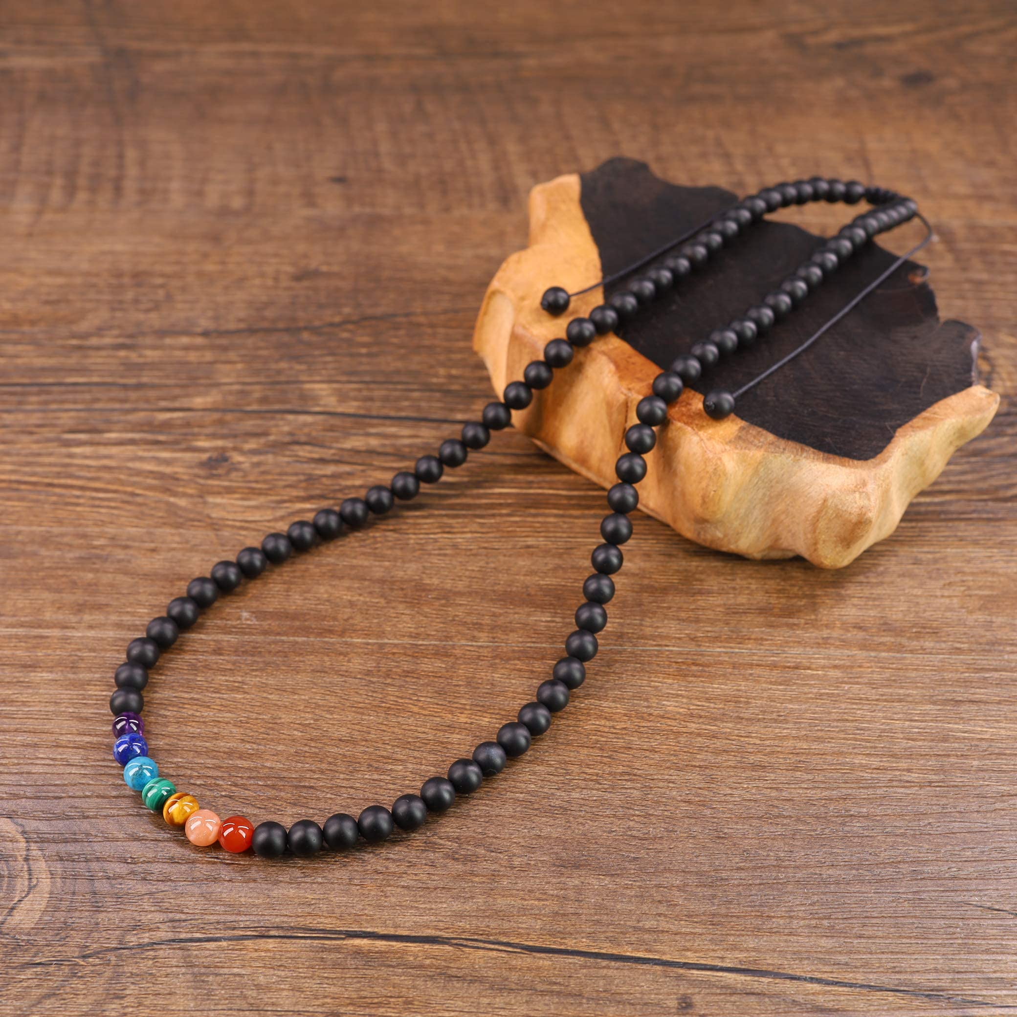 COAI 7 Chakra Matte Onyx Stone Beaded Mala Necklace