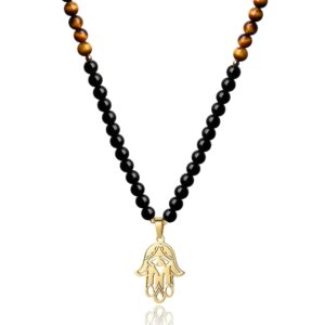 coai hamsa hand black obsidian tiger eye stone beaded 108 mala necklace