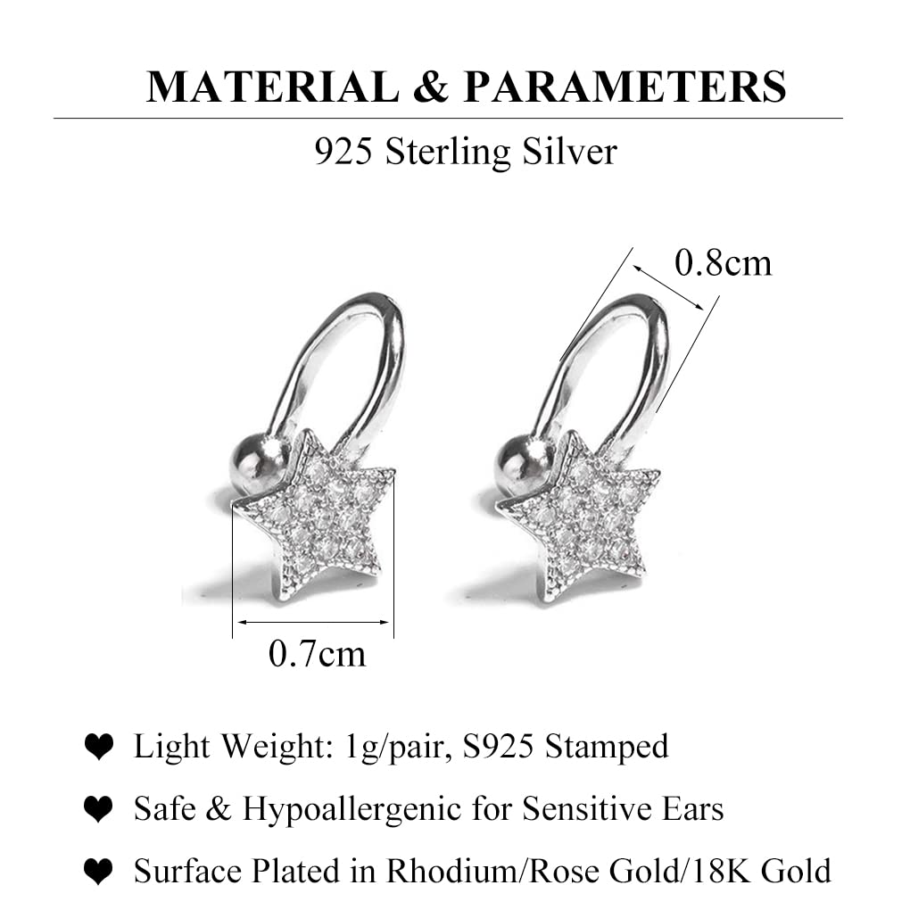 SLUYNZ 925 Sterling Silver CZ Star Cuff Earrings for Women Clip On Ears No Piercing Cartilage Earrings (A-Silver)