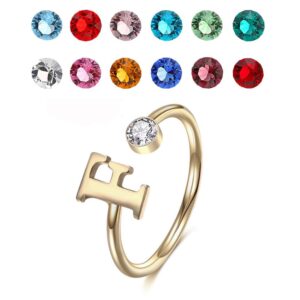 925 sterling silver personalized initial name ring with simulated birthstone cusotm initial alphabet letter adjustable size stackable cz wrap open ring (gold)