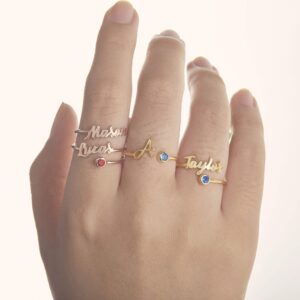 925 Sterling Silver Personalized Initial Name Ring with Simulated Birthstone Cusotm Initial Alphabet Letter Adjustable Size Stackable CZ Wrap Open Ring (Gold)