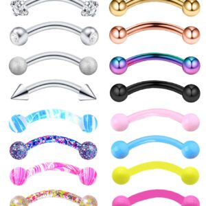 EVELICAL 20Pcs 16G Eyebrow Piercing Rook Curved Barbell Kit Eyebrow Tragus Lip Rings for Women Men 8mm