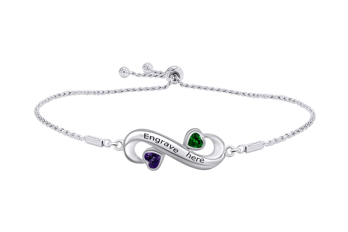 AFFY Mother's Day Jewelry Gifts Personalized Simulated Birthstone Name Engraved Double Heart Infinity Bolo Bracelet 14k White Gold Plated Sterling Silver