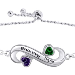 AFFY Mother's Day Jewelry Gifts Personalized Simulated Birthstone Name Engraved Double Heart Infinity Bolo Bracelet 14k White Gold Plated Sterling Silver