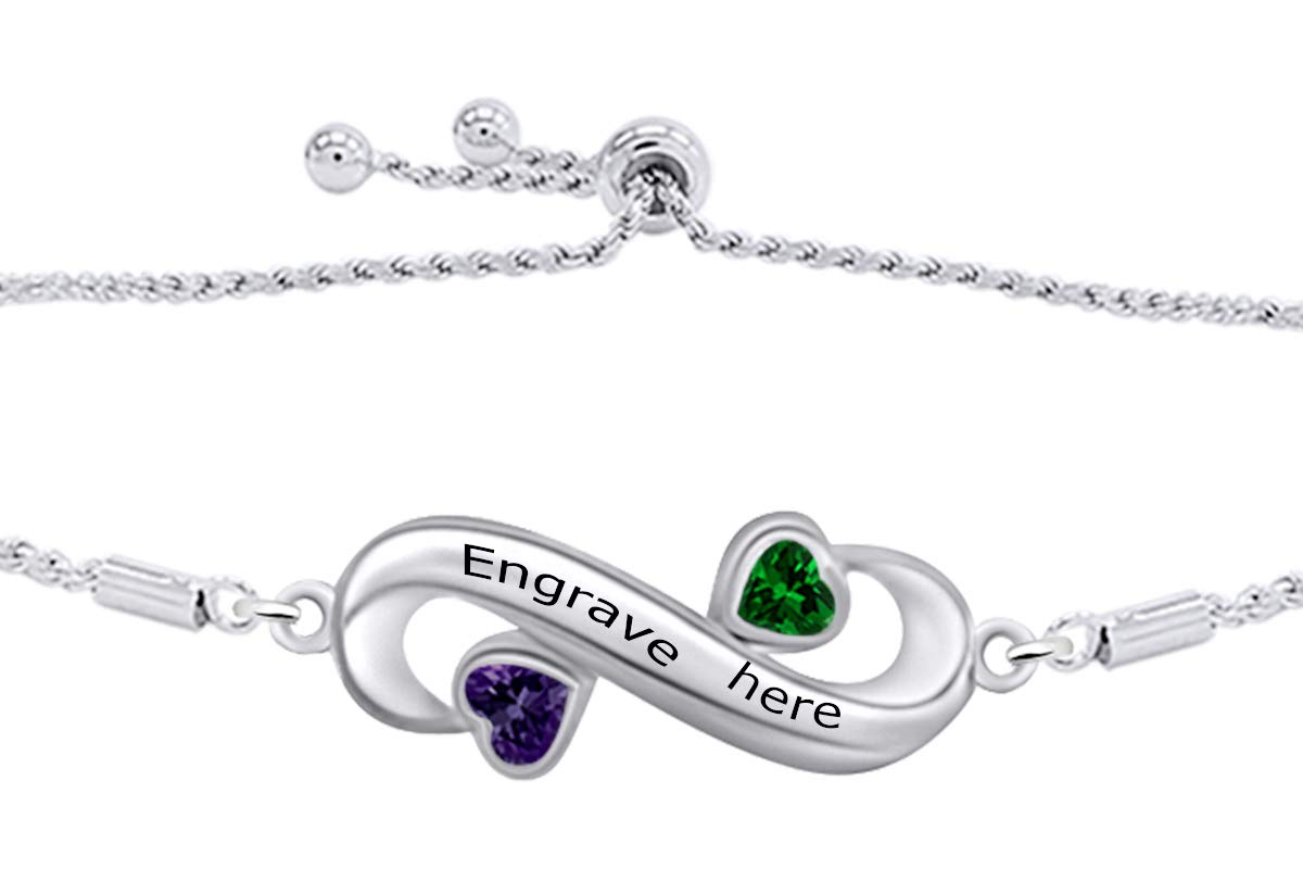 AFFY Mother's Day Jewelry Gifts Personalized Simulated Birthstone Name Engraved Double Heart Infinity Bolo Bracelet 14k White Gold Plated Sterling Silver