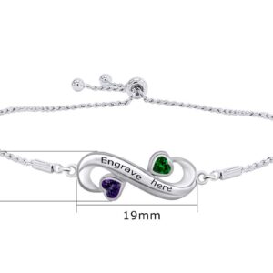 AFFY Mother's Day Jewelry Gifts Personalized Simulated Birthstone Name Engraved Double Heart Infinity Bolo Bracelet 14k White Gold Plated Sterling Silver