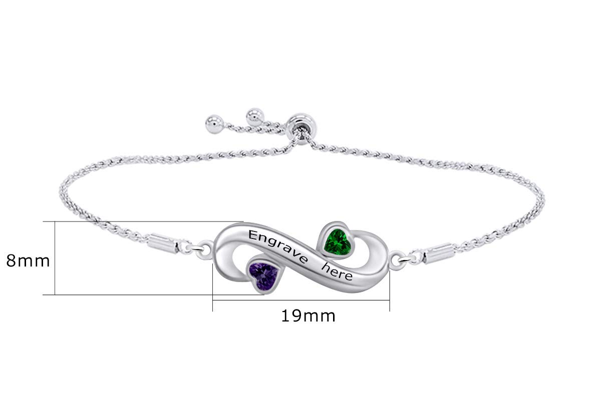 AFFY Mother's Day Jewelry Gifts Personalized Simulated Birthstone Name Engraved Double Heart Infinity Bolo Bracelet 14k White Gold Plated Sterling Silver